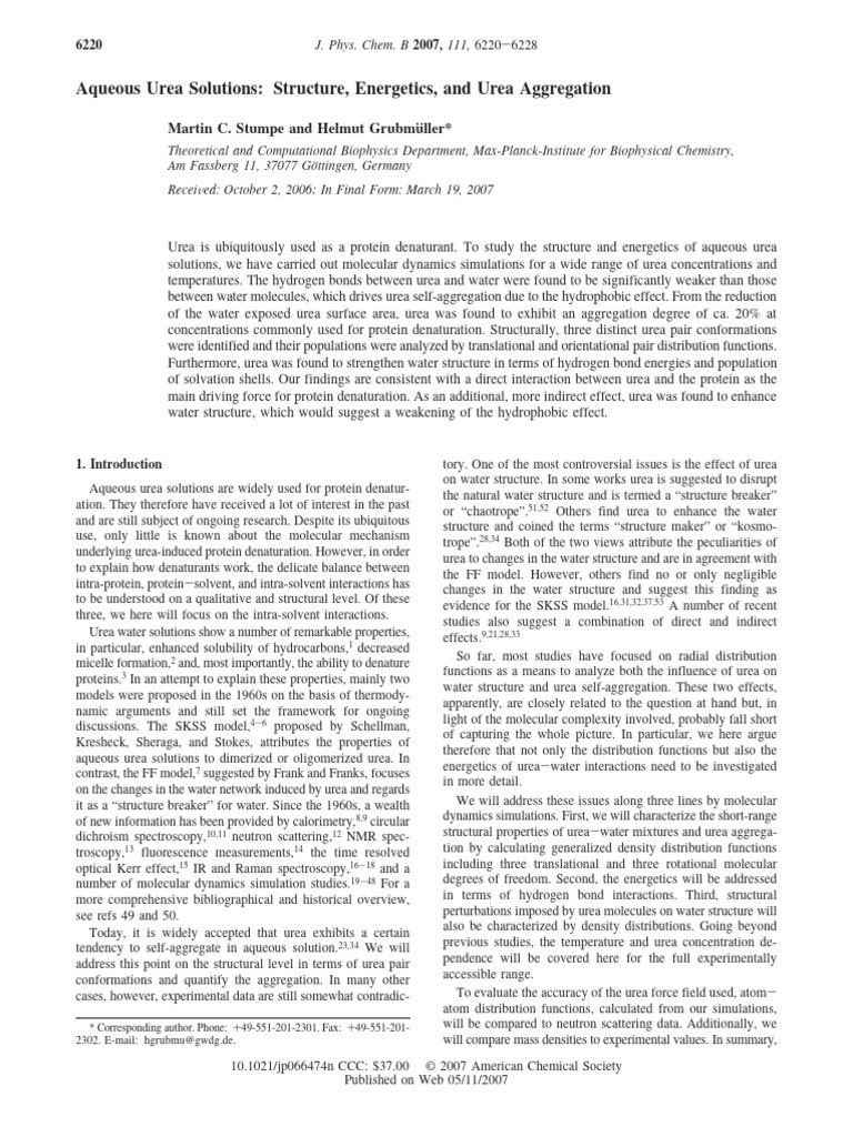 Aqueous Urea Solutions: Structure & Energetics | PDF | Solvation ...