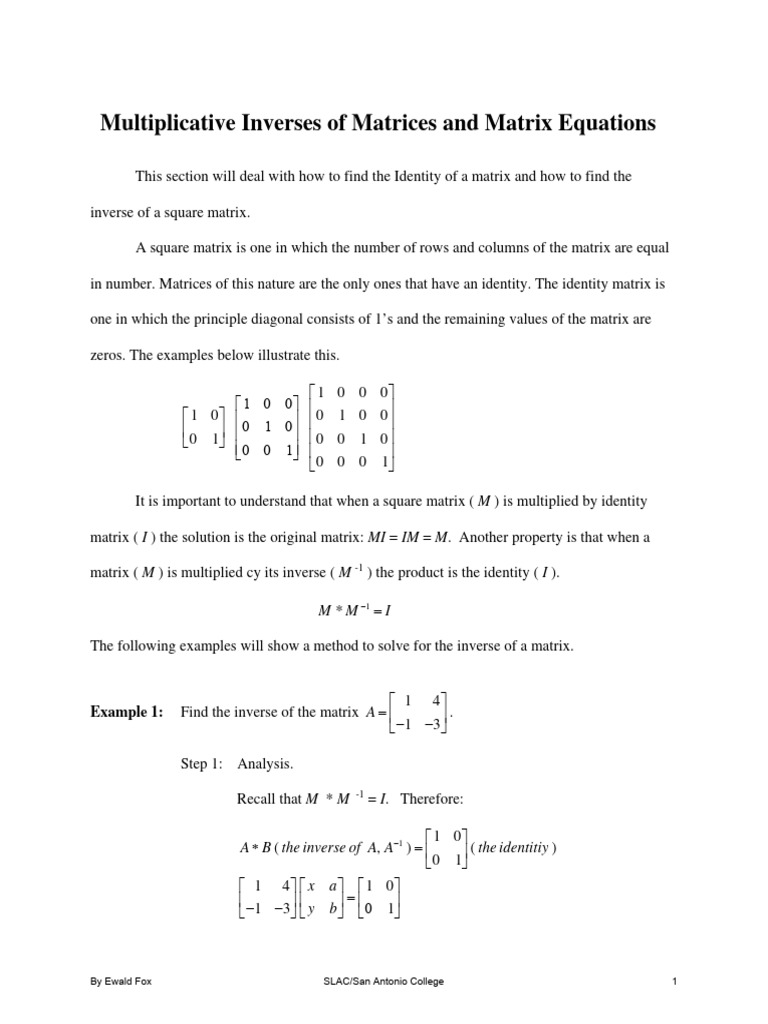 Math1414 Multiplicative Inverses of Matrix | PDF