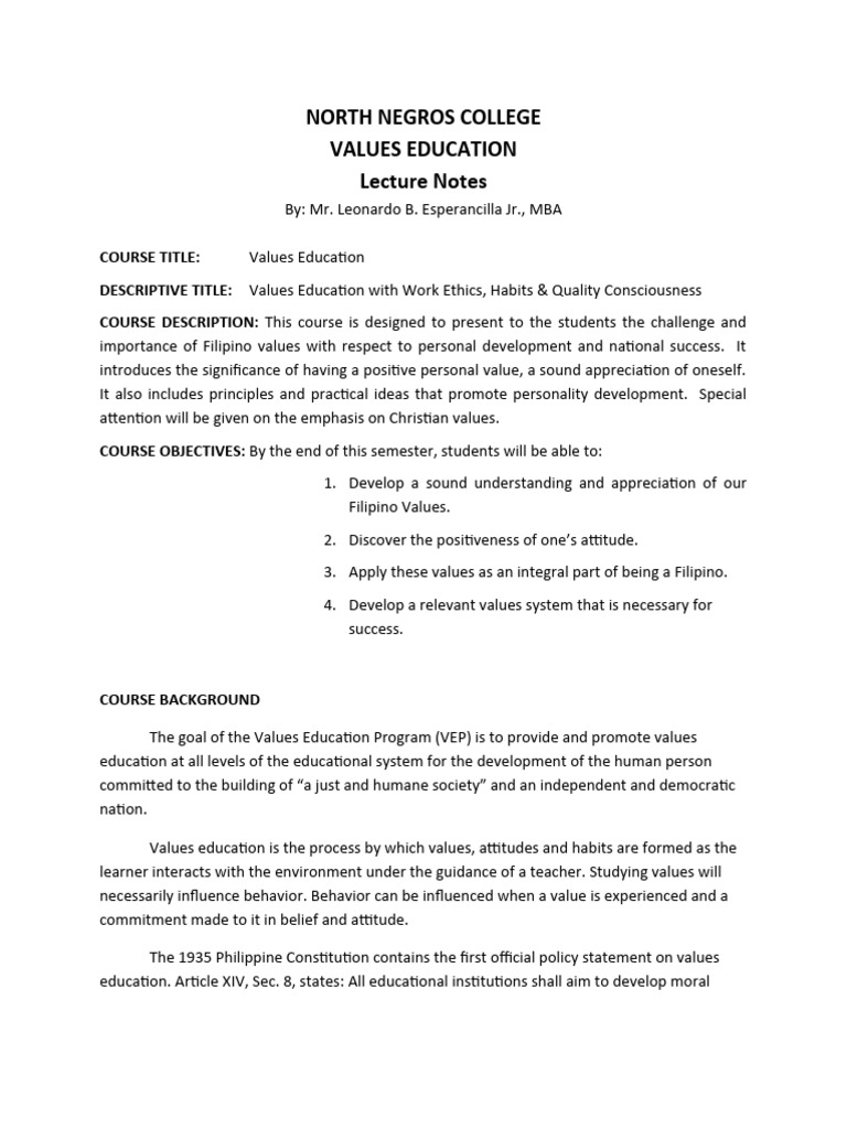 Val. Ed Lecture Notes | PDF