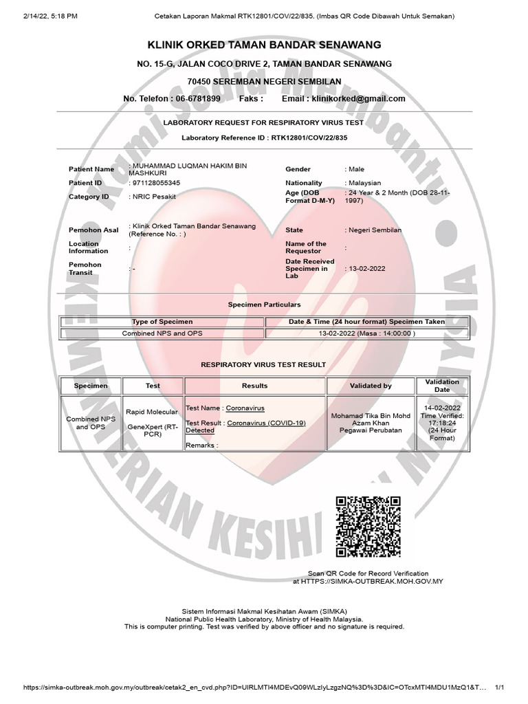 MUHAMMAD LUQMAN Cetakan Laporan Makmal RTK12801 - COV - 22 - 835 ...