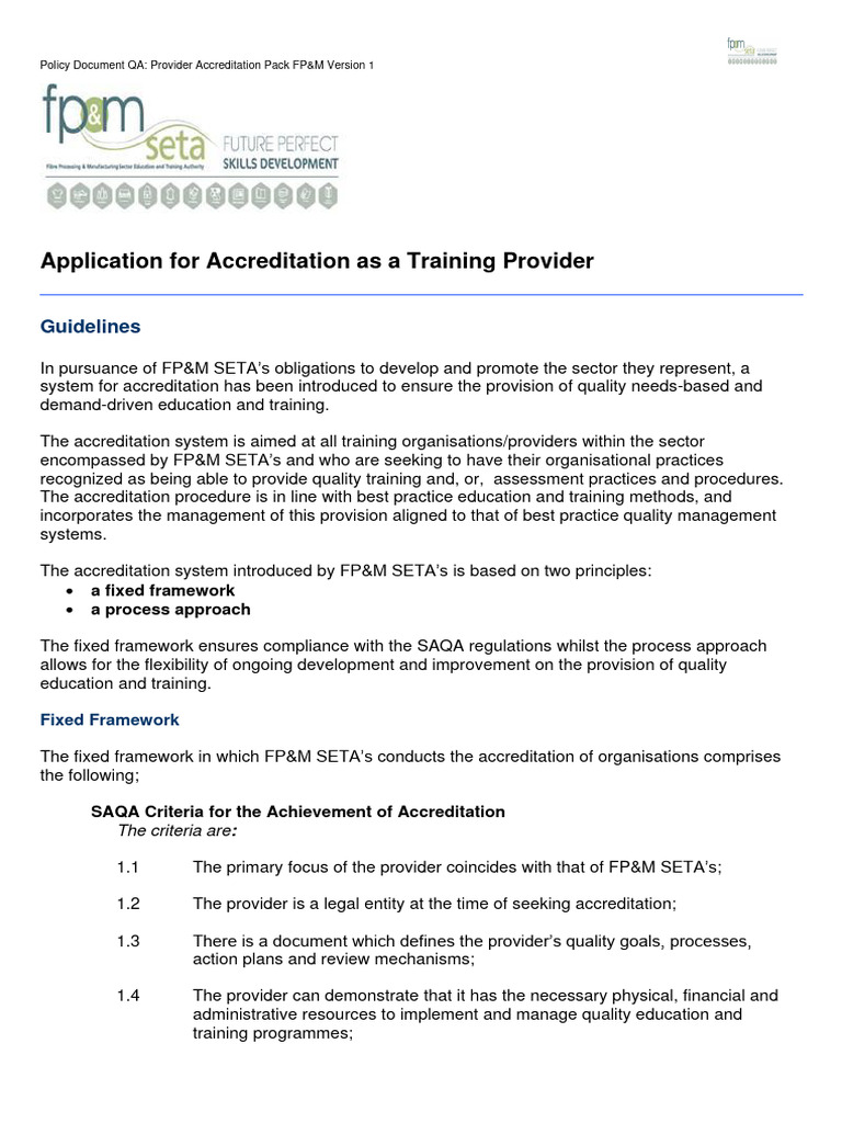FPM SETA Provider Accreditation Pack - September 2015 | PDF | Learning ...