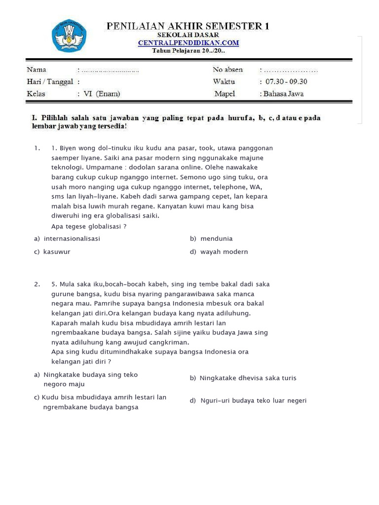 PAS Bahasa Jawa Kelas 6 SD | PDF