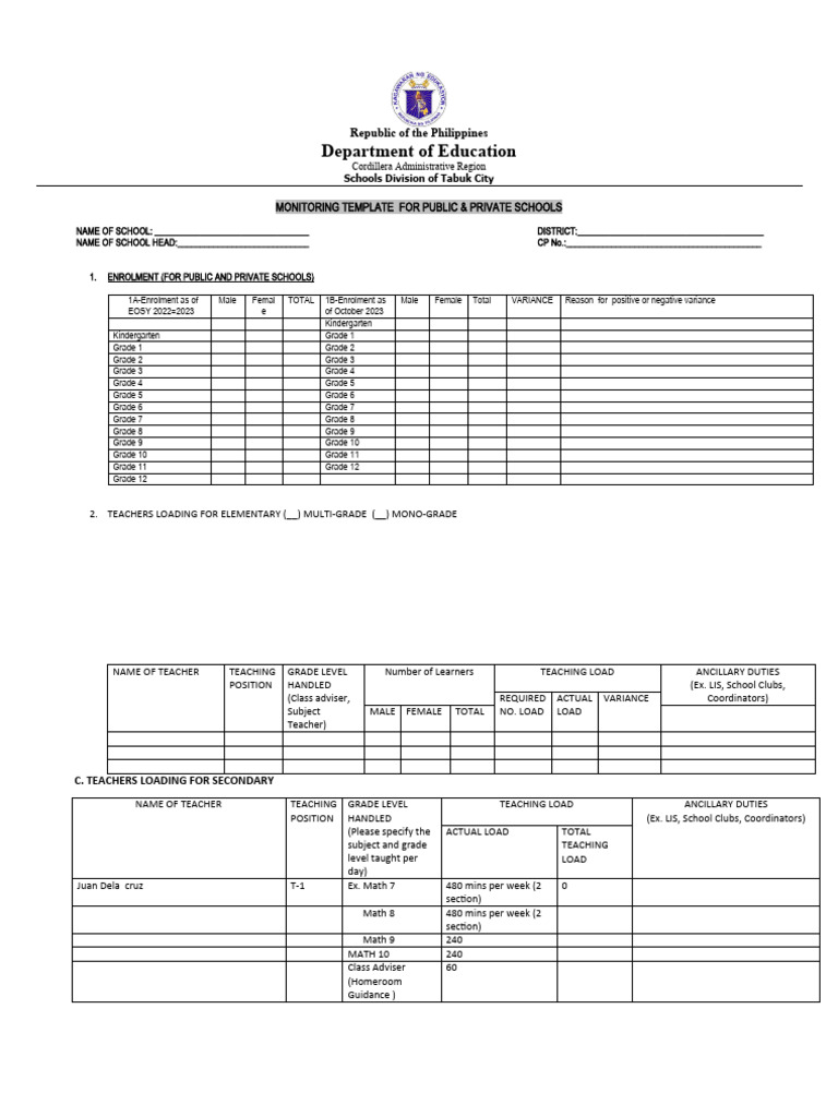 MONITORING-TEMPLATE-CID-2023 | PDF | Educational Stages | Educational Years