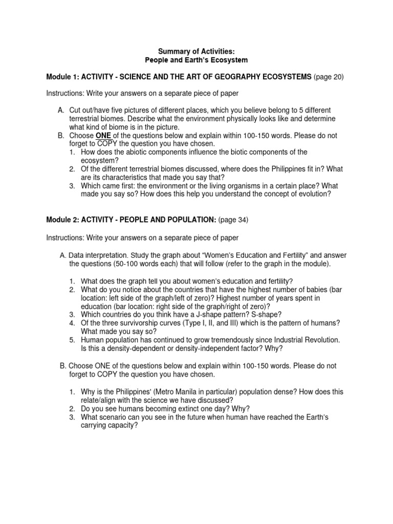 PEE Activities Summary | PDF | Agriculture | Ecosystem