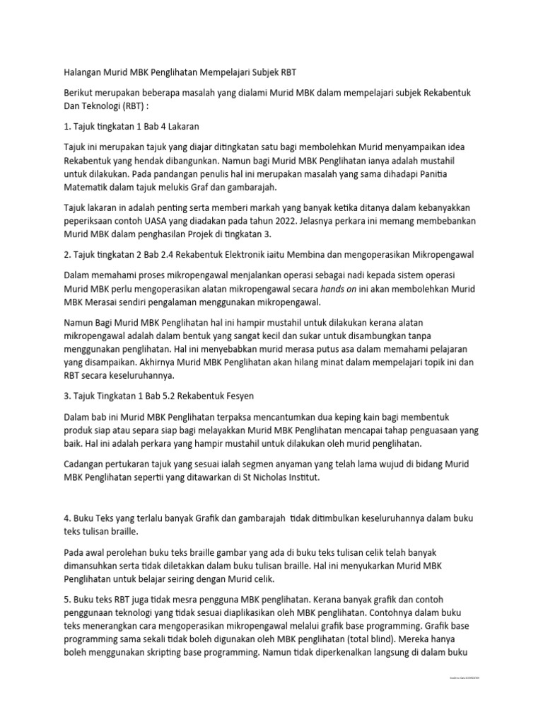 Halangan Murid MBK Penglihatan Mempelajari Subjek RBT2023 | PDF