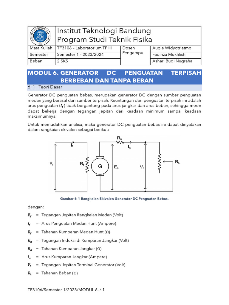 Modul 6 - Generator DC Penguatan Terpisah Berbeban Dan Tanpa Beban Rev ...