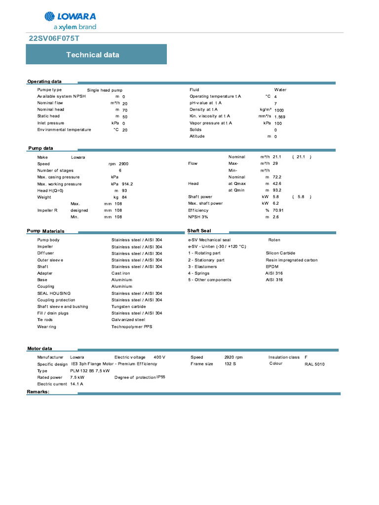 Lowara Submersible Pump Specifications | PDF