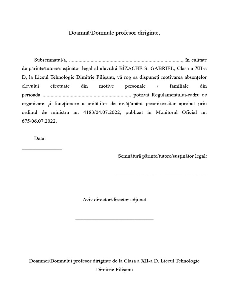 Cerere Scutire Școală Liceu Elev | PDF