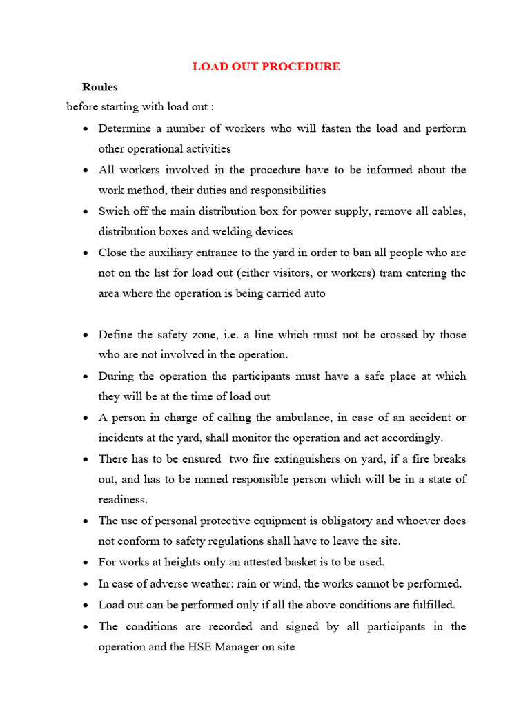 Load Out Procedure | PDF