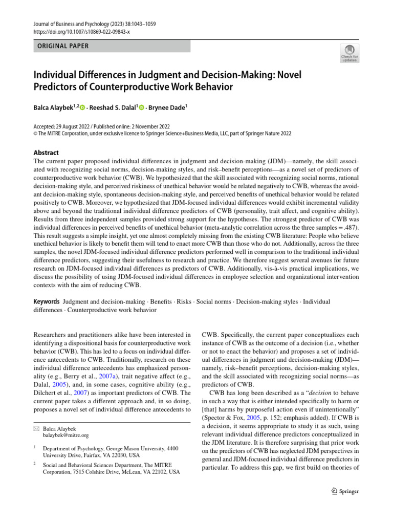 Individual Differences in Judgment and Decision Making: Novel Predictors of Counterproductive ...
