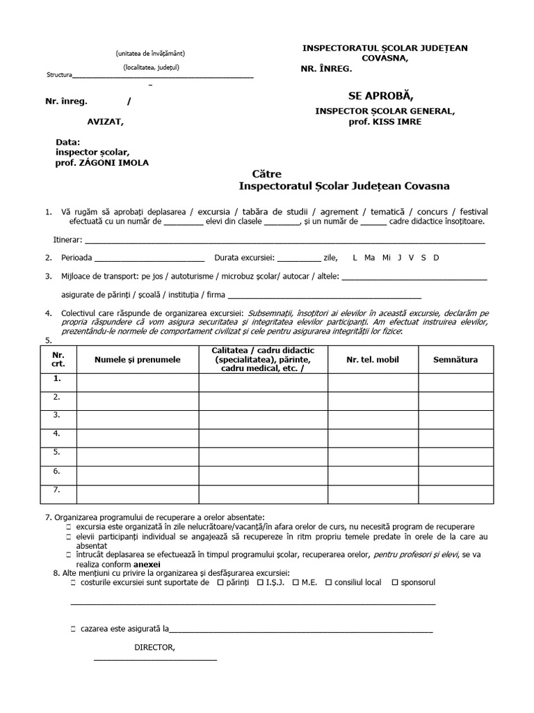 Formular Excursie Scolara 2023-2024 | PDF