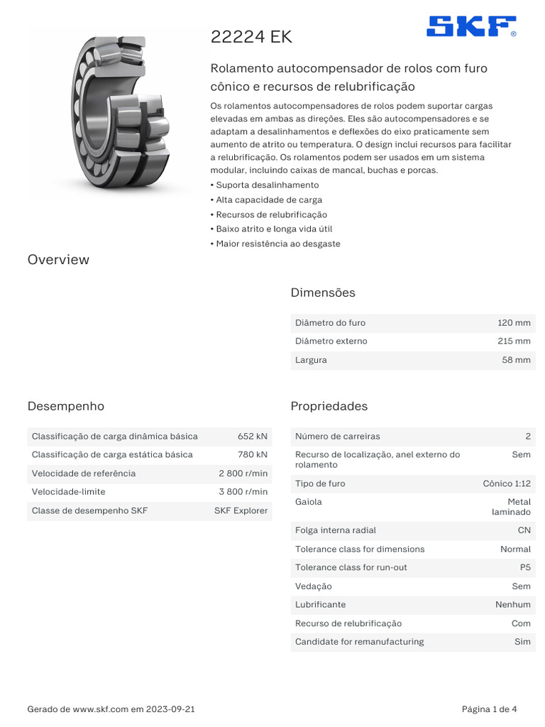 SKF 22224 EK Specification | PDF