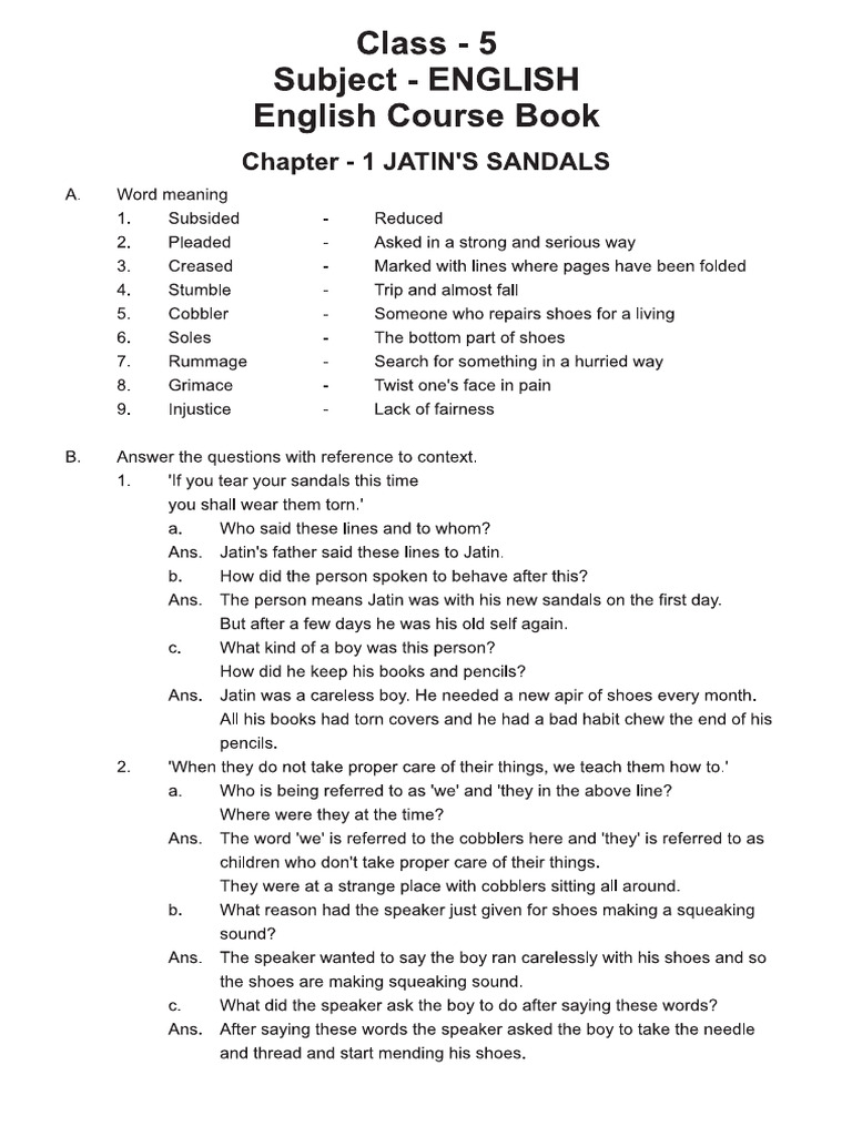 Class 5 Subject English Chapter 1 Jatins Sandals 1 | PDF