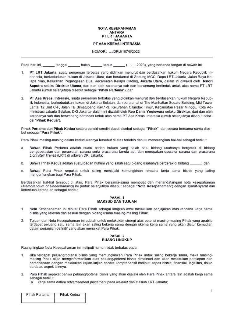 (Clean) Draf Nota Kesepahaman LRTJ - PT Asa Kreasi RM230220 TP230227 | PDF | Hukum