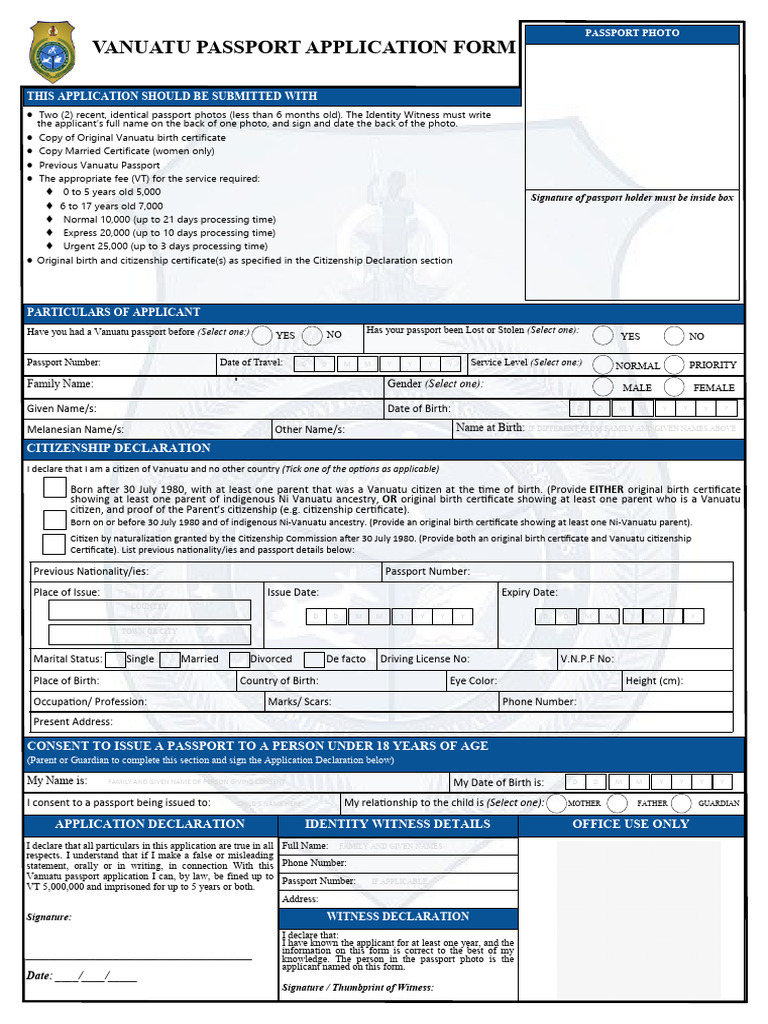 Vanuatu Passport Application Form | PDF | Birth Certificate | Passport