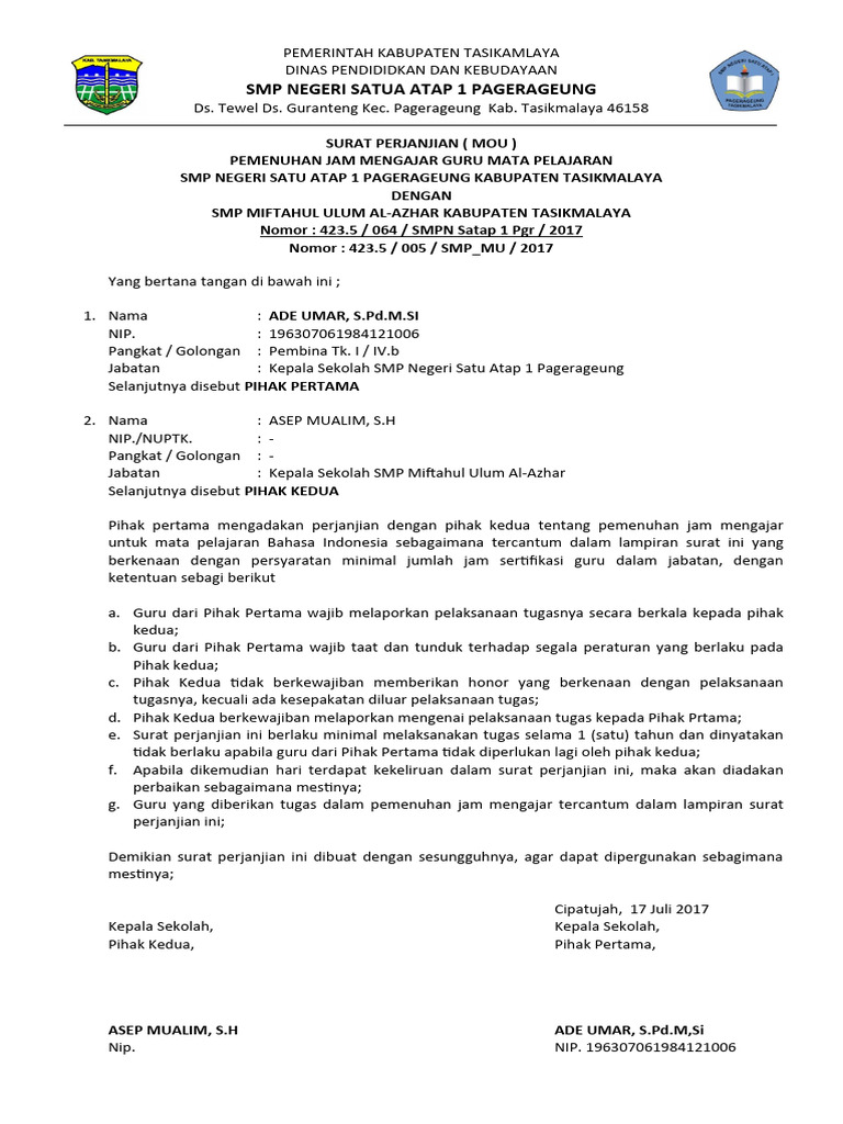 MOU Jam Mengajar Guru SMP Tasikmalaya | PDF