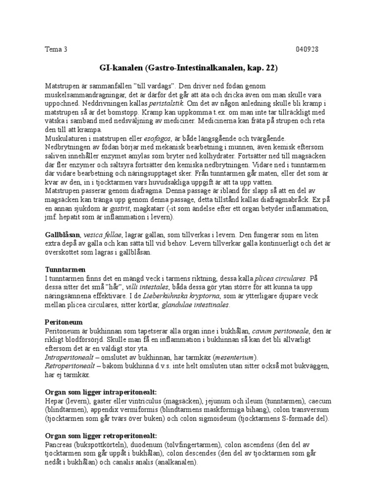 Anatomi Tema 3 - GI-Kanalen 040928 | PDF