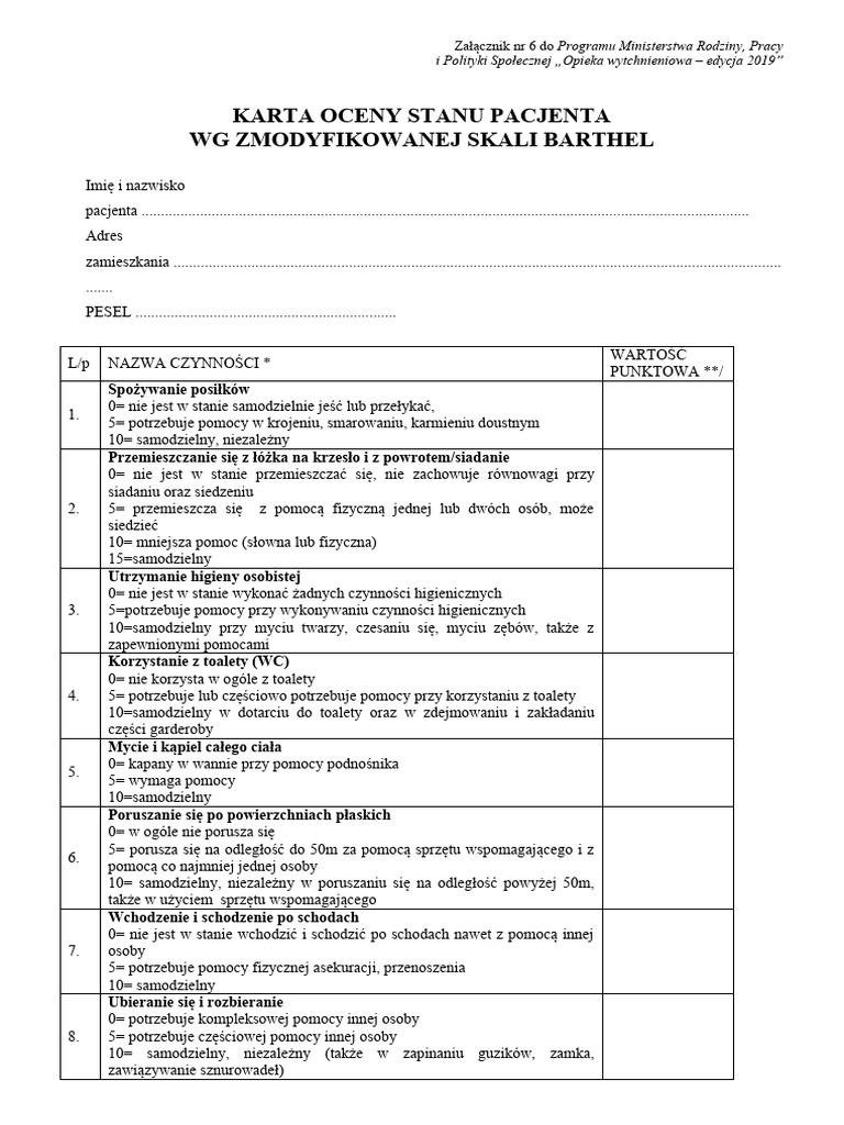 Zał_6_Karta_oceny_stanu_pacjenta_wg_zmodyfikowanej_skali_Barthel | PDF