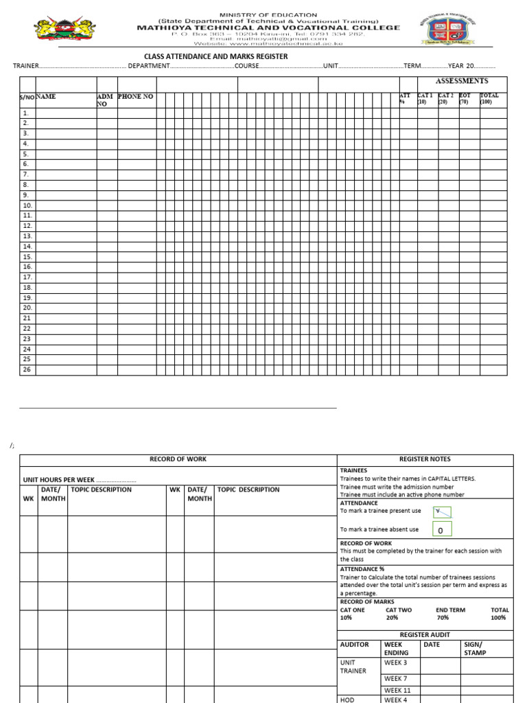 Class Attendance and Marks Register | PDF