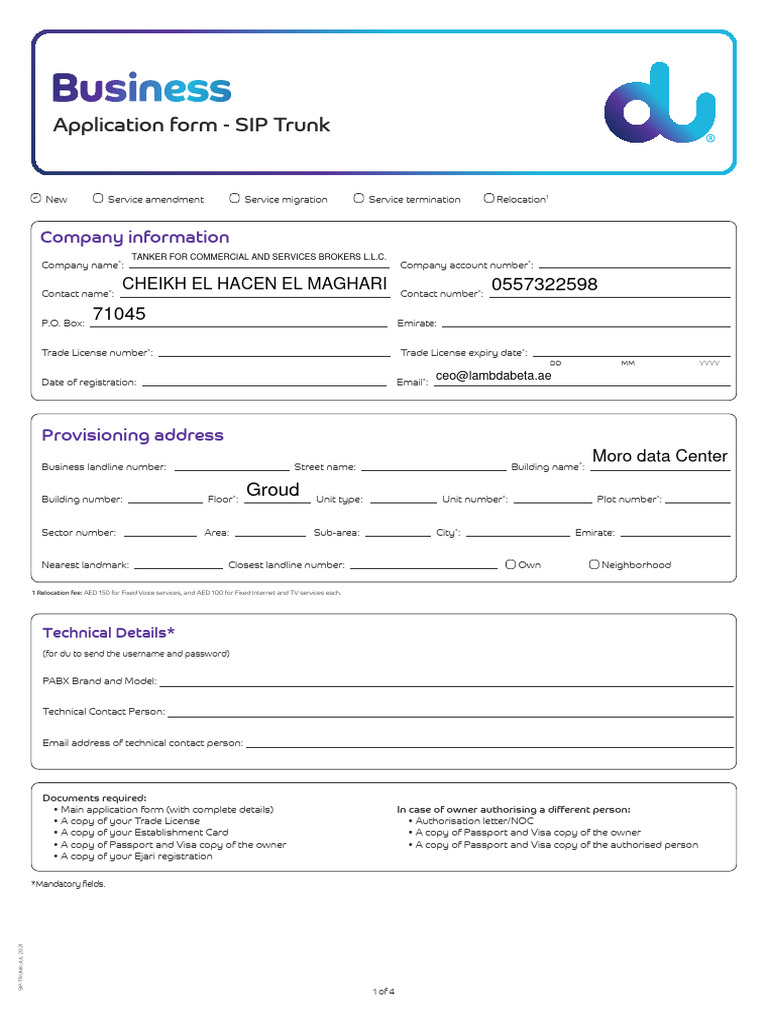 SIP Trunk Application Form | PDF