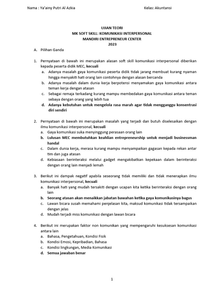 Soal Ujian Teori MK Komunikasi Interpersonal | PDF | Karier & Perkembangan