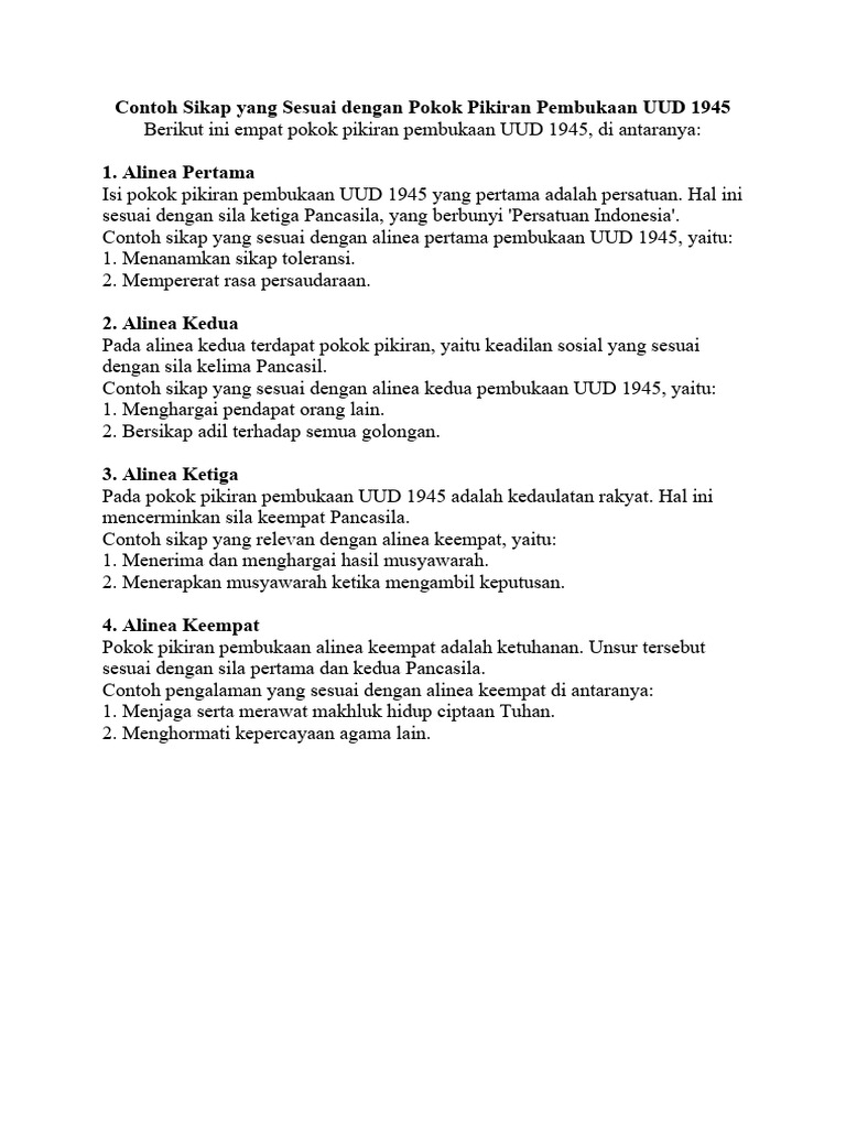 Contoh Sikap Yang Sesuai Dengan Pokok Pikiran Pembukaan UUD 1945 | PDF