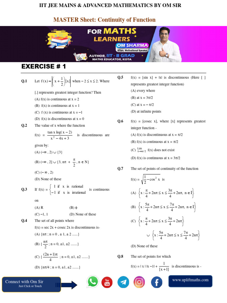 Master Sheet Continuityof Functionby OMSir | PDF | Function (Mathematics) | Continuous Function