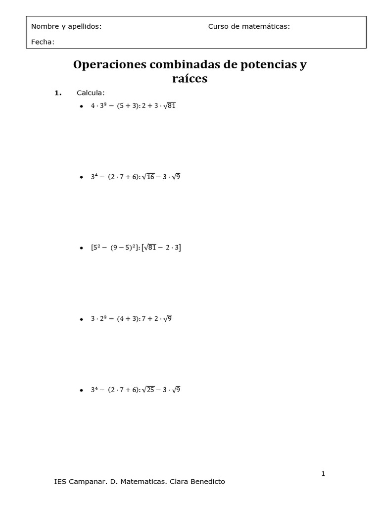 Operaciones Combinadas de Potencias y Raíces | PDF