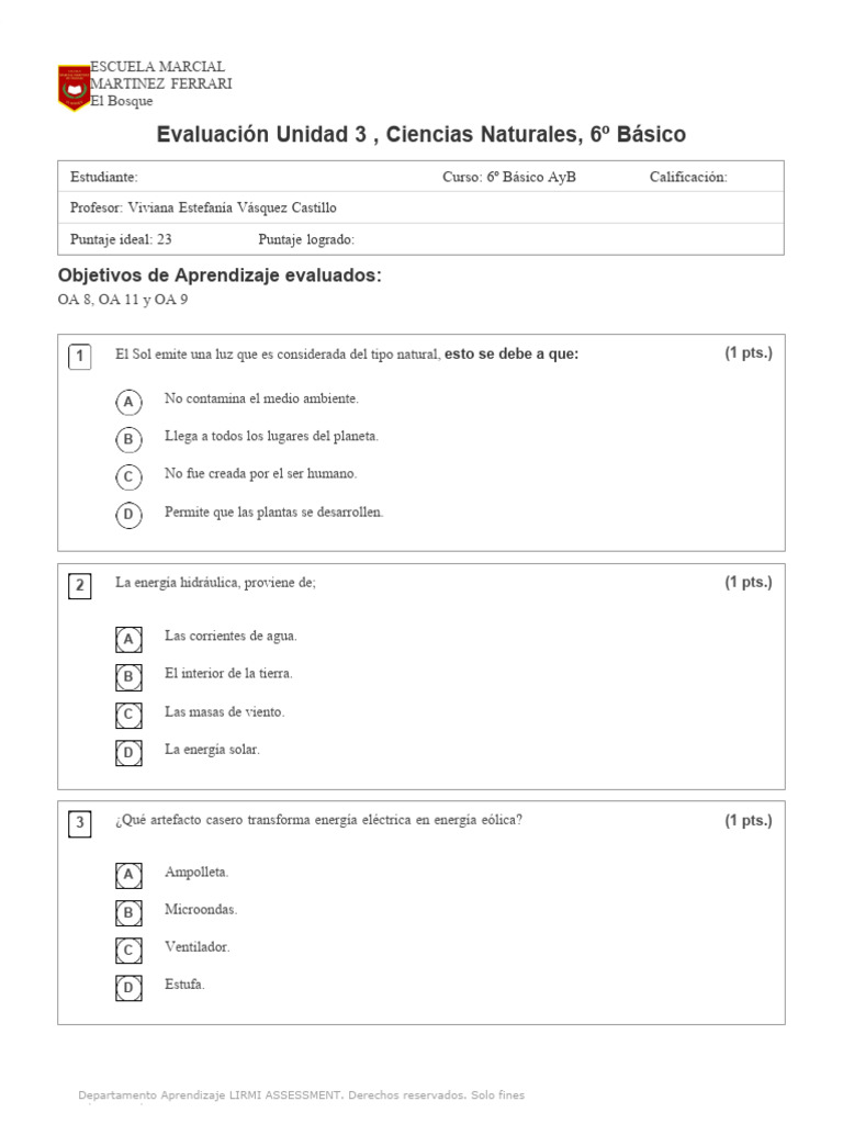 Evaluacion Unidad 3 Ciencias Naturales 6o Basico 5379067 | PDF Evaluacion Unidad 3 Ciencias Naturales 6o Basico 5379067 | PDF