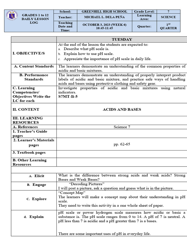 Grade 7 Science Lesson on pH Scale | PDF | Wellness