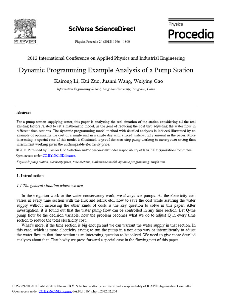 Dynamic Programming Analysis of Pump Station | PDF
