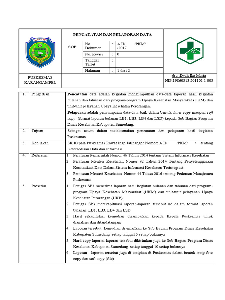 SOP Pencatatan & Pelaporan Data Puskesmas | PDF | Pengembangan Diri