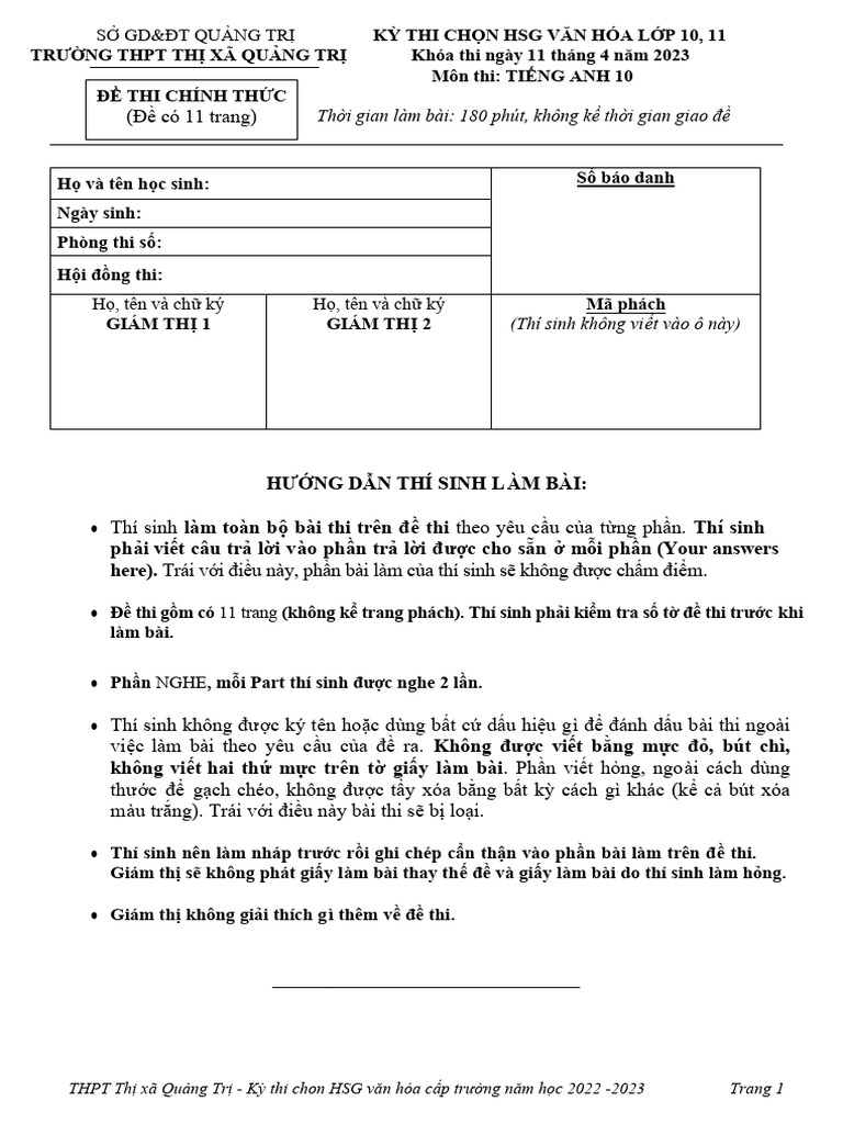 De Hoc Sinh Gioi Tieng Anh 10 Nam 2022 2023 Truong THPT Thi Xa Quang Tri | PDF