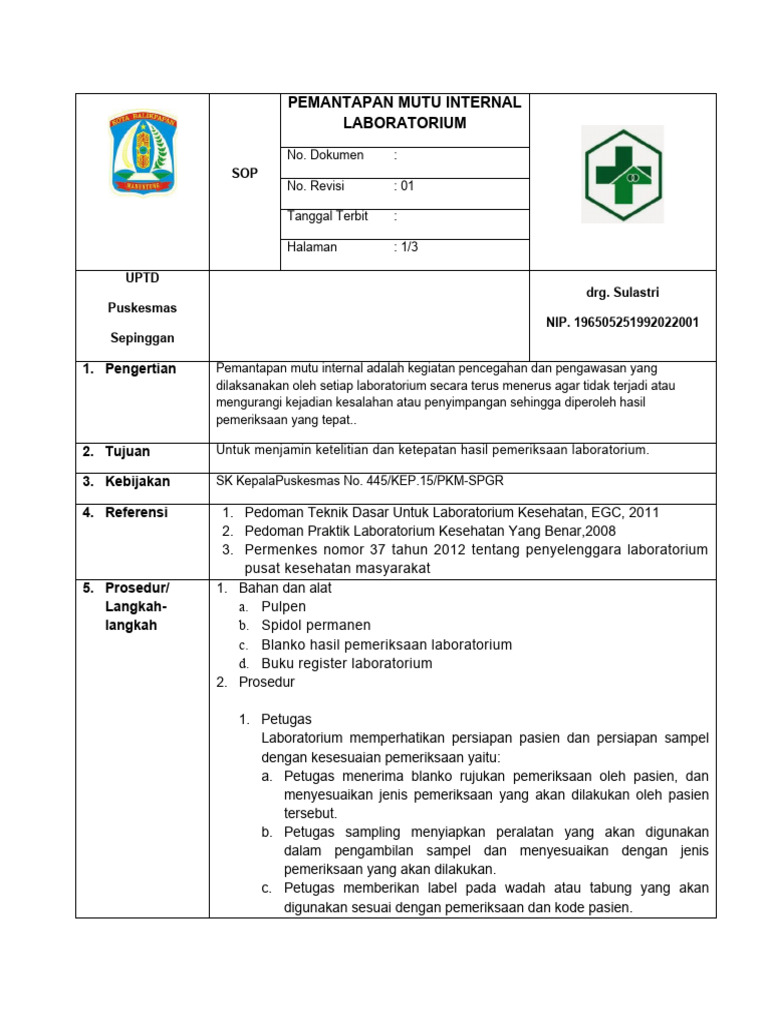 Sop Pemantapan Mutu Internal Laboratorium | PDF