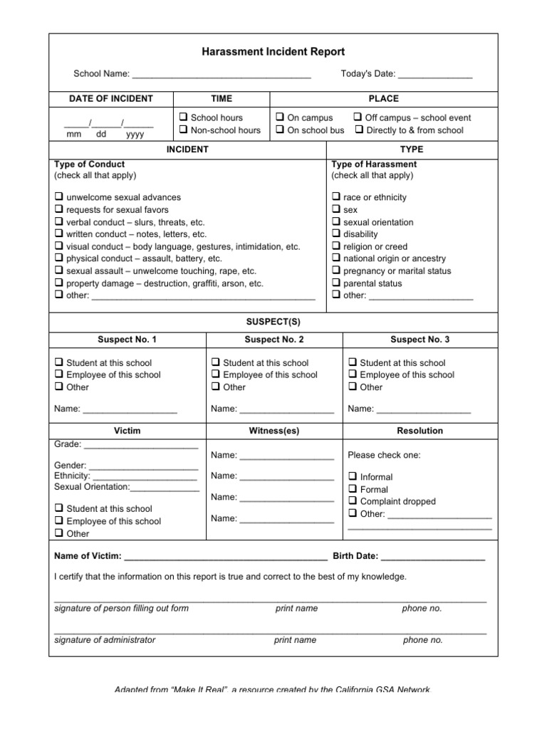 Harassment Incident Report Template | PDF