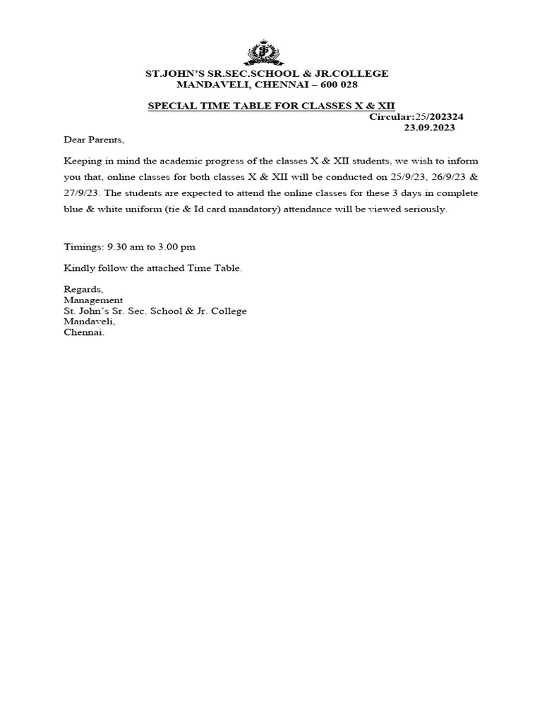 Circular 25 Online Class Time Table | PDF