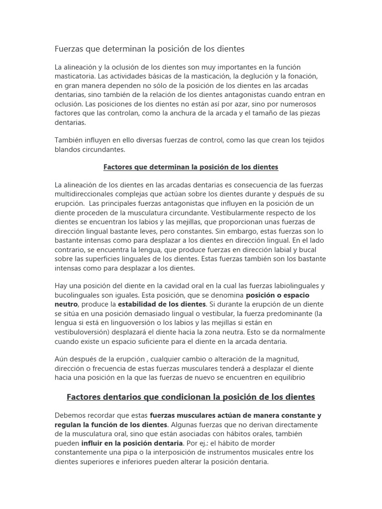 Fuerzas Que Determinan La Posición de Los Dientes | PDF | Diente | Boca