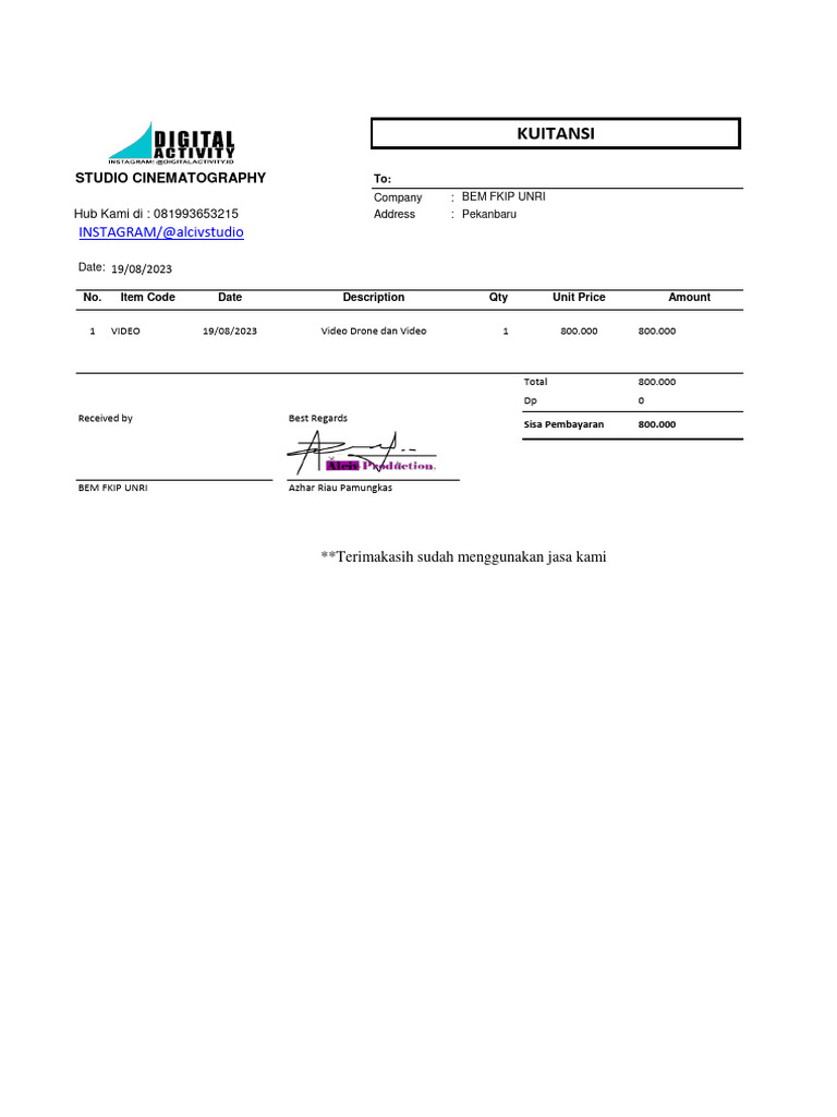 INVOICE VIDEO DRONE BEM FKIP UNRI 19 Agustus 2023 (AR) 2 | PDF