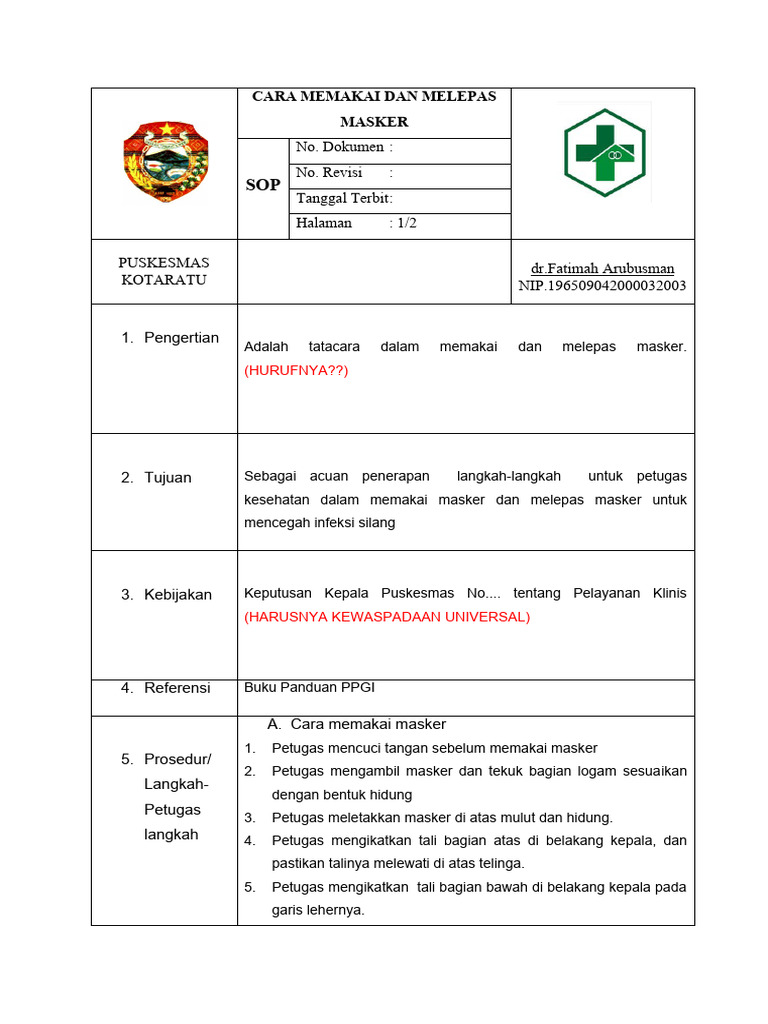 SOP CARA MEMAKAI DAN MELEPAS MASKER | PDF