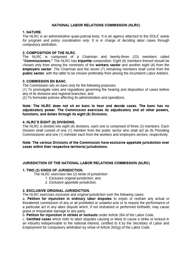 NLRC Structure and Jurisdiction Guide | PDF | Injunction | Arbitration