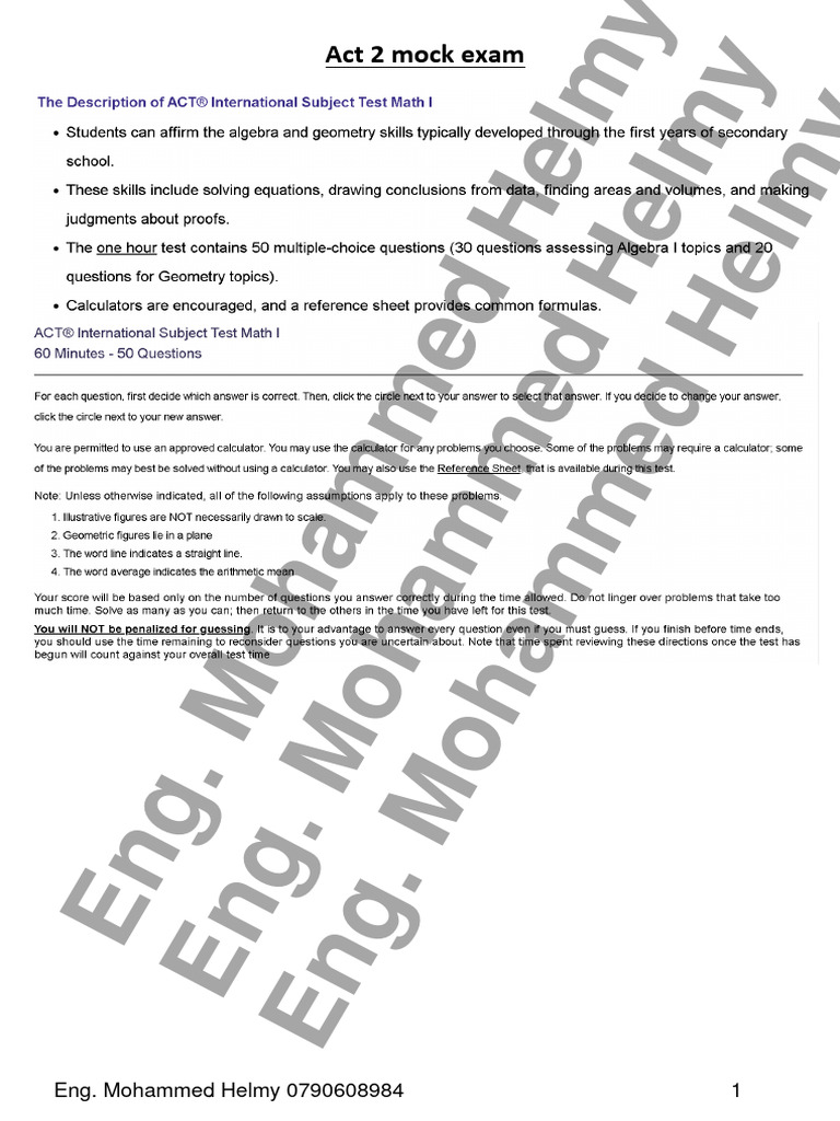 ACT II-Math Level 1-Model Exam II | PDF