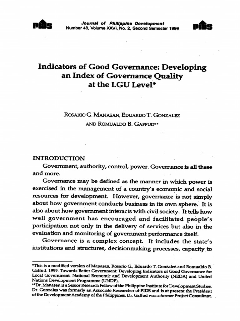 Indicators of Good Governance - Manasan Gonzales, and Gaffud. | PDF ...