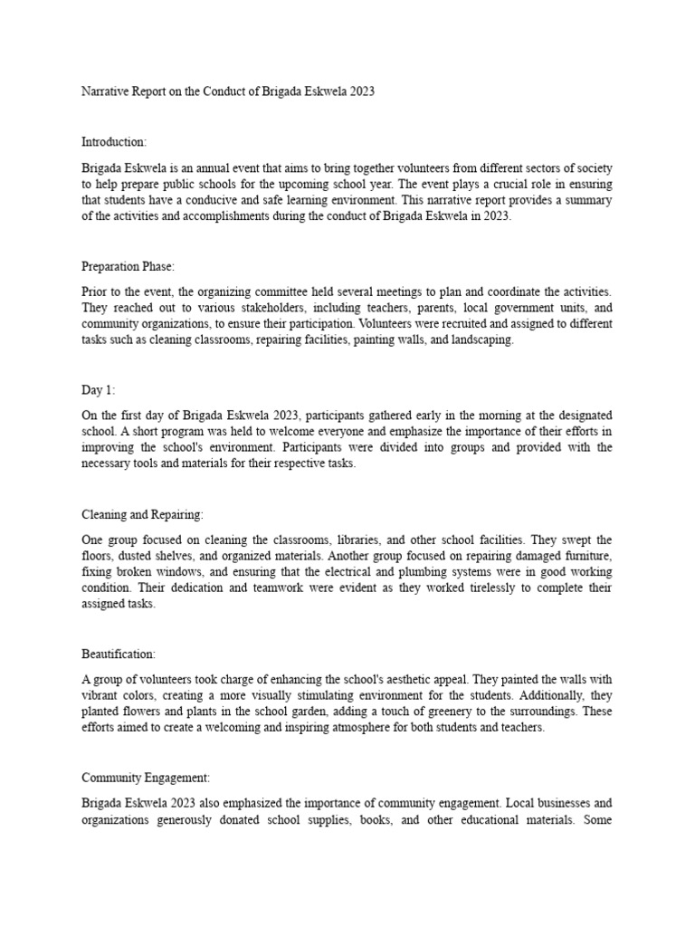 Narrative Report On The Conduct of Brigada Eskwela 2023 | PDF ...