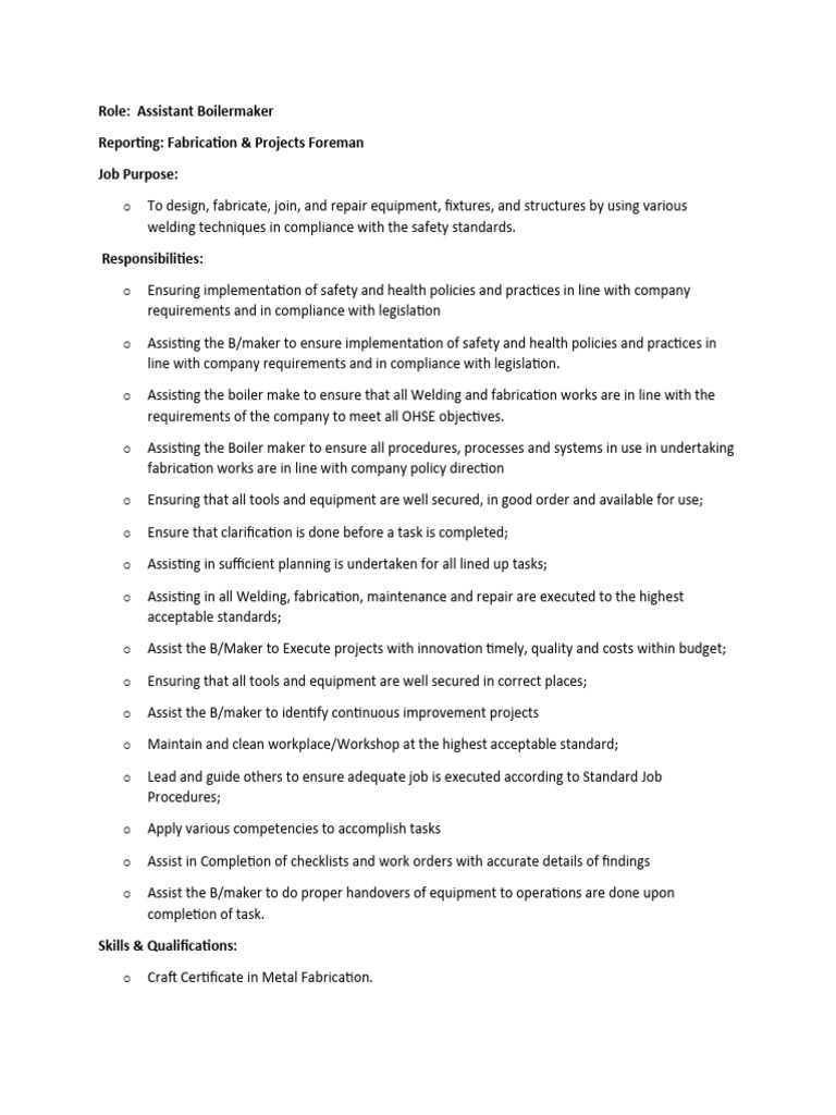 Assistant Boiler Maker Job Description | PDF