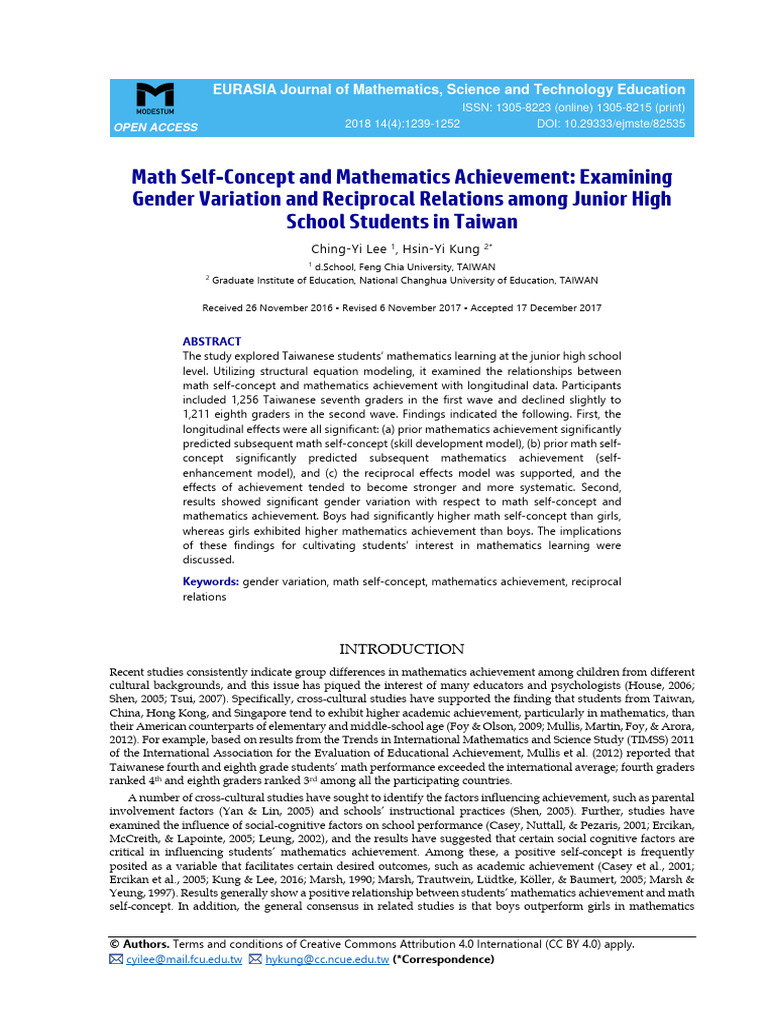 Math Self Concept and Mathematics Achievement Examining Gender ...