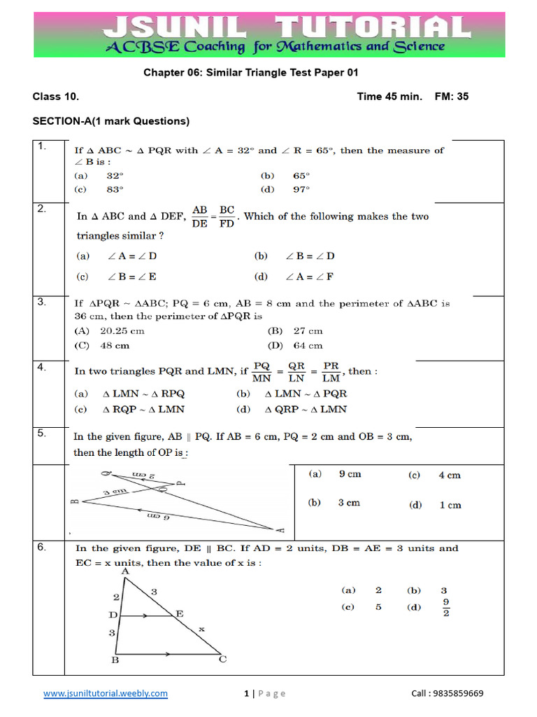 10th Similar Triangle Test Paper - 1 2023-24 | PDF