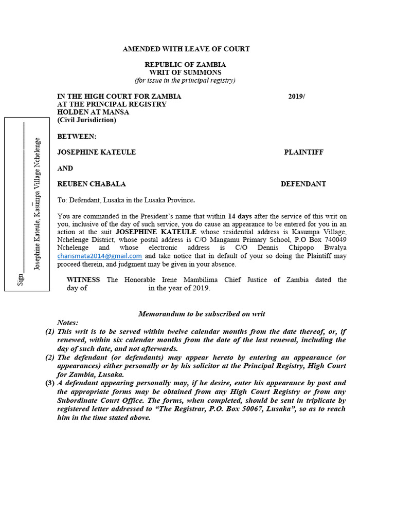 Amended Writ of Summons Final | PDF