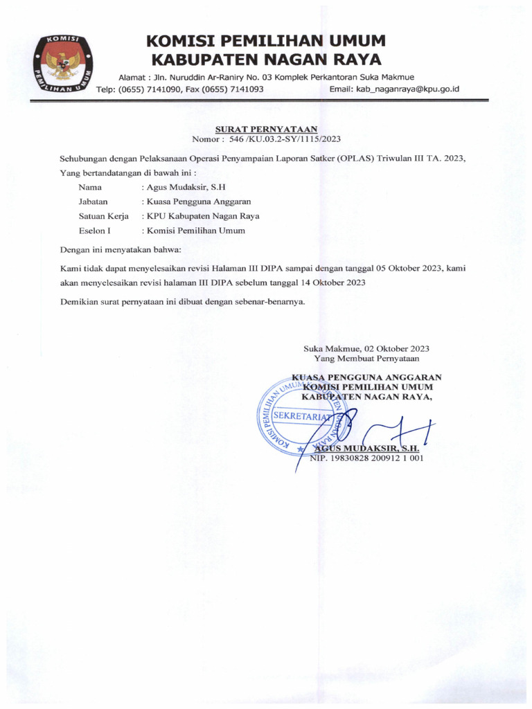 Surat Pernyataan Revisi Hal 3 DIPA KPU Nagan Raya | PDF