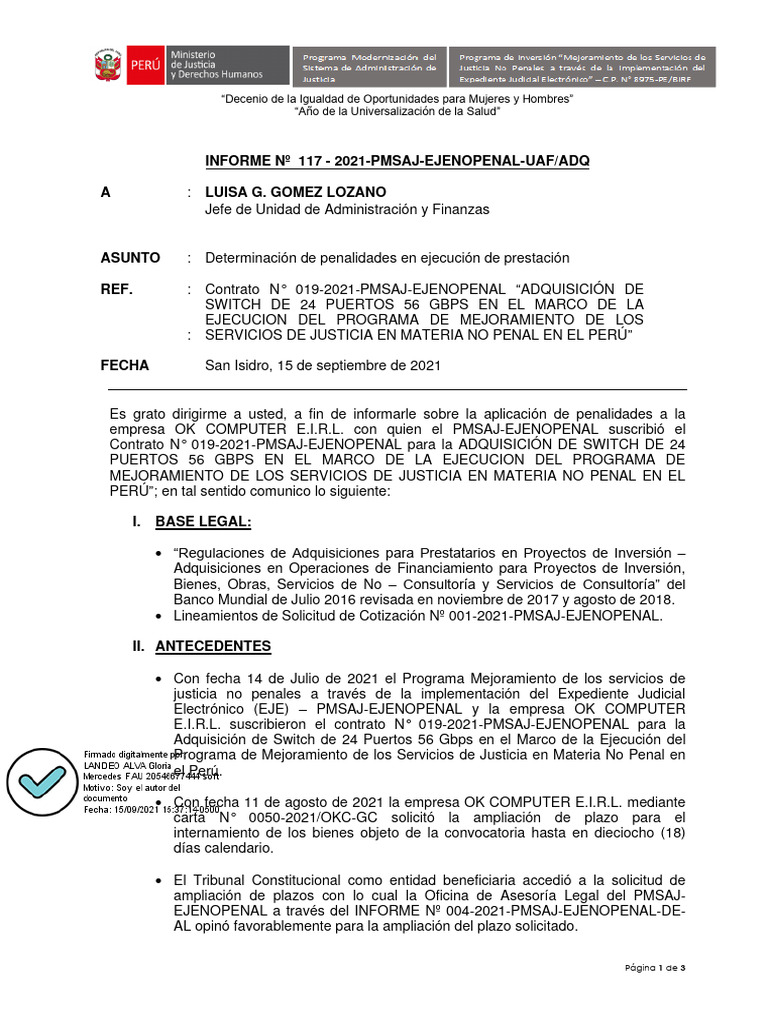 INFORME No 117 2021 PMSAJ EJENOPENAL UAF ADQ Penalidad OK COMPUTERRRRR | PDF | Derecho
