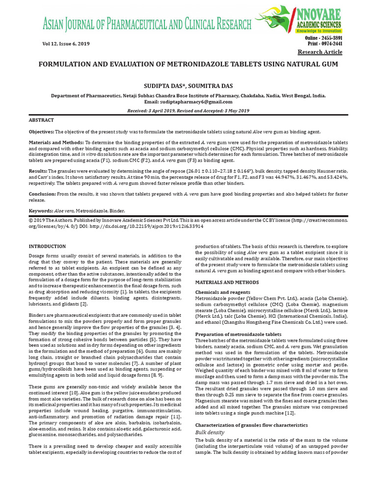 Formulation And Evaluation Of Metronidazole Tablet Pdf